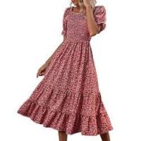 China Floral Print Dresses Short Puff Sleeve Square Neck Shirred Detail MIDI Women Dresses for sale