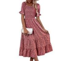 China Floral Print Dresses Short Puff Sleeve Square Neck Shirred Detail MIDI Women Dresses for sale