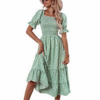 China Floral Print Dresses Short Puff Sleeve Square Neck Shirred Detail MIDI Women Dresses for sale
