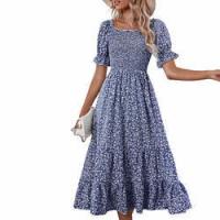 China Floral Print Dresses Short Puff Sleeve Square Neck Shirred Detail MIDI Women Dresses for sale