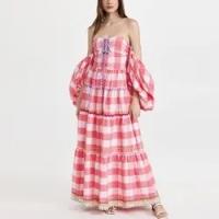 China Ladies Puff Sleeve Dress for Women Ruching Checks Clothing Manufacturers Elegant Cotton Custom Logo Maxi Dress for sale