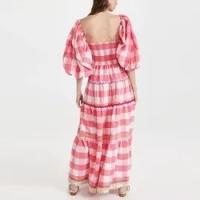 China Ladies Puff Sleeve Dress for Women Ruching Checks Clothing Manufacturers Elegant Cotton Custom Logo Maxi Dress for sale