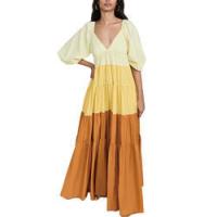 China Ladies V Neck Puff Sleeve Dress for Women Color Block Clothing Manufacturers Elegant Nylon Custom Logo Maxi Dress for sale