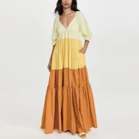 China Ladies V Neck Puff Sleeve Dress for Women Color Block Clothing Manufacturers Elegant Nylon Custom Logo Maxi Dress for sale