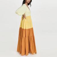 China Ladies V Neck Puff Sleeve Dress for Women Color Block Clothing Manufacturers Elegant Nylon Custom Logo Maxi Dress for sale