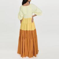 China Ladies V Neck Puff Sleeve Dress for Women Color Block Clothing Manufacturers Elegant Nylon Custom Logo Maxi Dress for sale