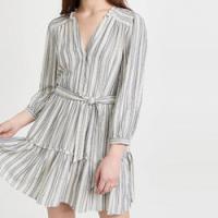 China Ladies Long Sleeve Casual Ruffle V Neck Striped Viscose Mini Dress for Women for sale
