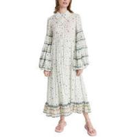 China Ladies Viscose Tiered Maxi Floral Print Long Balloon Sleeve Collared Neck Shirt Dress for Women for sale