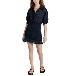 China Ladies Casual Dress Collared Neck Elbow Length Puff Sleeve Ruffle Hem Polyester Smocked Shirt Dress for Women for sale