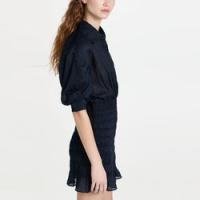 China Ladies Casual Dress Collared Neck Elbow Length Puff Sleeve Ruffle Hem Polyester Smocked Shirt Dress for Women for sale