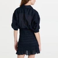 China Ladies Casual Dress Collared Neck Elbow Length Puff Sleeve Ruffle Hem Polyester Smocked Shirt Dress for Women for sale