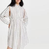 China Ladies Collared Neck Dresses Long Sleeve Side Pocket Cotton Striped Print Shirt Dress for Women for sale