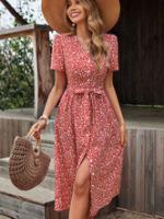 China Long Sleeve Floral Casual Dress OEM Polyester V Neck Maxi Dresses for sale
