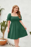 China Large Size Women&prime;s Large Size Solid Color Leisure Holiday Dress Travel Square Collar Play Wrap Bubble Sleeve Dress for sale