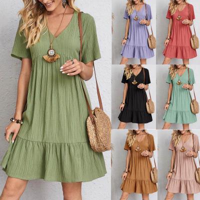 China 2023 Summer European and American Female Skirt Loose Casual Short Sleeve Waist Casual Dress for sale