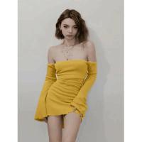China Sexy Dress Fashion Solid Color Elegant Flared Sleeve Mini Short Backless Knitted Tight Dress Women for sale