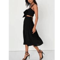 China Crinkle Woven Rayon Black Sleeveless Tie-Front Two-Piece Dress Smocked Crop Tank Top and High Waist Long Skirts Suits for sale