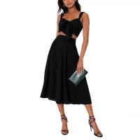 China Crinkle Woven Rayon Black Sleeveless Tie-Front Two-Piece Dress Smocked Crop Tank Top and High Waist Long Skirts Suits for sale