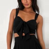 China Crinkle Woven Rayon Black Sleeveless Tie-Front Two-Piece Dress Smocked Crop Tank Top and High Waist Long Skirts Suits for sale