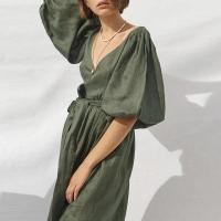 China Puff Sleeve Casual Long Dress Anti Wrinkle V Collar Asymmetric Plain Dyed for sale