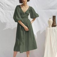 China Puff Sleeve Casual Long Dress Anti Wrinkle V Collar Asymmetric Plain Dyed for sale