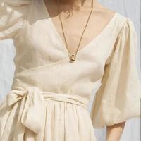 China Puff Sleeve Casual Long Dress Anti Wrinkle V Collar Asymmetric Plain Dyed for sale