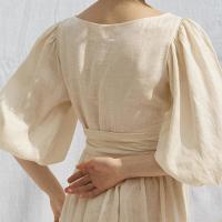 China Puff Sleeve Casual Long Dress Anti Wrinkle V Collar Asymmetric Plain Dyed for sale