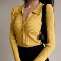 China 2023 Lapel Slim Top Women&prime;s Hollowed out Button Sexy V-Neck Long-Sleeved Polo Neck Knitted Cardigan Sweater Women&prime;s for sale