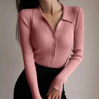 China 2023 Lapel Slim Top Women&prime;s Hollowed out Button Sexy V-Neck Long-Sleeved Polo Neck Knitted Cardigan Sweater Women&prime;s for sale