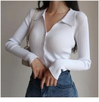 China Lapel Slim Top Women&prime;s Hollowed out Button Sexy V-Neck Long-Sleeved Polo Neck Knitted Cardigan Sweater Women&prime;s for sale
