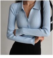 China Lapel Slim Top Women&prime;s Hollowed out Button Sexy V-Neck Long-Sleeved Polo Neck Knitted Cardigan Sweater Women&prime;s for sale