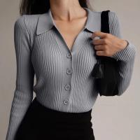 China Lapel Slim Top Women&prime;s Hollowed out Button Sexy V-Neck Long-Sleeved Polo Neck Knitted Cardigan Sweater Women&prime;s for sale