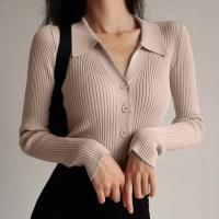 China Lapel Slim Top Women&prime;s Hollowed out Button Sexy V-Neck Long-Sleeved Polo Neck Knitted Cardigan Sweater Women&prime;s for sale