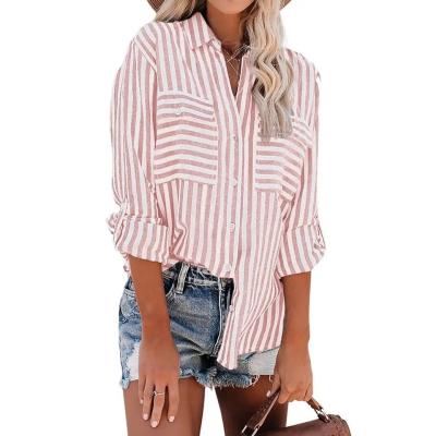 China Women Linen Cotton Vintage Streetwear Plus Size Blouses Button Birds Print Casual Striped Long Sleeve Loose Shirts for sale