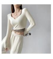 China Spice Girl Two-Piece Patchwork Color Small V-Neck Long-Sleeved T-Shirt Women&prime;s Spring Slim Show Short Crop Top for sale