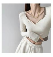 China Spice Girl Two-Piece Patchwork Color Small V-Neck Long-Sleeved T-Shirt Women&prime;s Spring Slim Show Short Crop Top for sale