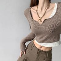 China Spice Girl Two-Piece Patchwork Color Small V-Neck Long-Sleeved T-Shirt Women&prime;s Spring Slim Show Short Crop Top for sale