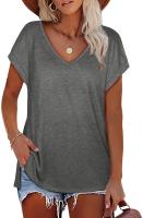 China Women Solid Color Split V-Neck Ladies Short Sleeve Comfortable for sale
