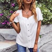 China 2023 Summer Manufacturer Wholesale Square Neck Solid Color Shirt White Women Chiffon High-Quality Shirt for sale