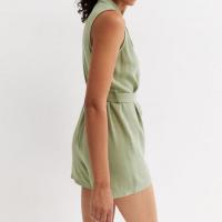 China Custom Summer Women Fashion Blank Sleeveless Button up Belted Playsuit Casual Linen Short Jumpsuit for sale
