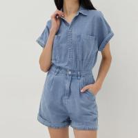 China Summer Women Short Sleeve Romper Fashion Casual Blank Button up Playsuit Denim Short Jumpsuit for sale