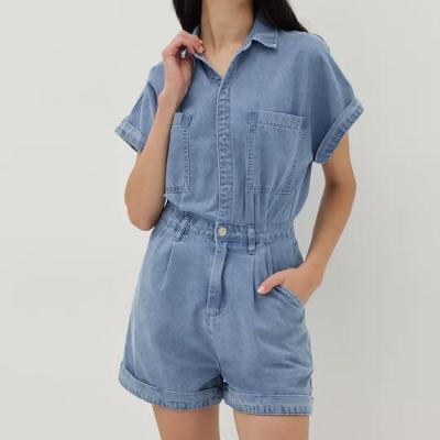 China Summer Women Short Sleeve Romper Fashion Casual Blank Button up Playsuit Denim Short Jumpsuit for sale