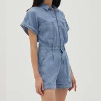 China Summer Women Short Sleeve Romper Fashion Casual Blank Button up Playsuit Denim Short Jumpsuit for sale