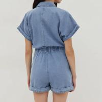 China Summer Women Short Sleeve Romper Fashion Casual Blank Button up Playsuit Denim Short Jumpsuit for sale