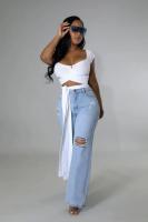 China Fashion Loose Light Blue Denim Pants Wide Leg Ripped Jeans For Women for sale