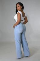 China Fashion Loose Light Blue Denim Pants Wide Leg Ripped Jeans For Women for sale