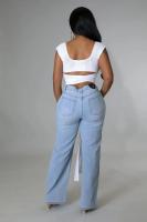 China Fashion Loose Light Blue Denim Pants Wide Leg Ripped Jeans For Women for sale
