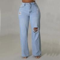 China Fashion Loose Light Blue Denim Pants Wide Leg Ripped Jeans For Women for sale