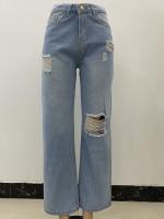 China Fashion Loose Light Blue Denim Pants Wide Leg Ripped Jeans For Women for sale