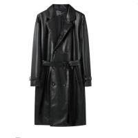 China Csutom Men Leather Long Black Hip Hop Double Breasted Trench Coat for sale